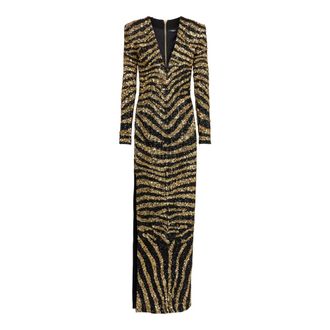 Balmain Langes besticktes Zebra-Kleid - - Dresses - Damen - Gelb - XS