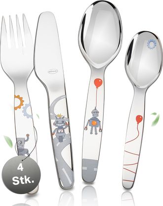 Rösle Kinderbesteck Kleiner Roboter - 4-teiliges Kinderbesteck ab 3 Jahre aus Edelstahl 18/10 - Spülmaschinengeeignet, Tolles Taufgeschenk für Mädchen und J