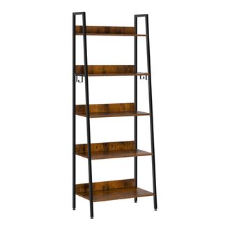 Woltu B&uuml;cherregal, Leiterregal mit 5 Ebenen, Standregal, Industrie Stil Regal mit Haken, Metallrahmen, f&uuml;r Wohnzimmer Arbeitszimmer K&uuml;che, Vintage-Holzoptik