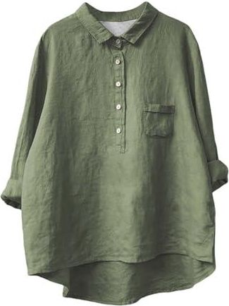 Generic Chemise pour Femmes Coton Et Lin Chic Casual Chemises D&eacute;t&eacute; Manche Longue &Agrave; Col V Loose Hauts Leger Comfy Tuniques &Agrave; La Mode Coton Et Lin Grande Taille