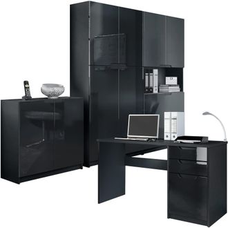 Vladon B&uuml;rom&ouml;bel Arbeitszimmer komplett Set Logan, Made in Germany, Korpus in Schwarz matt/Fronten in Schwarz Hochglanz
