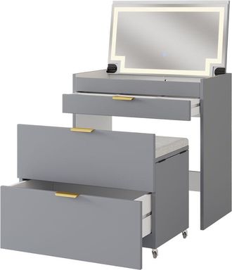 Vicco Coiffeuse Wanja, Gris, 80 cm avec banc et miroir LED, Vicco