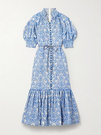 Zimmermann Robe Midi En Coton &Agrave; Broderies, Finitions Volant&eacute;es Et Ceinture Wylie - Bleu