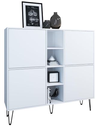 Vladon Highboard Havana V3, Kommode mit 4 Türen und 4 offene Fächer, Kommode Made in Germany, Weiß matt/Weiß matt (130,5 x 124 x 35 cm)