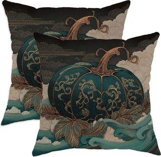 Generic Herbst-Kürbis-Kissenbezüge, 2er-Set, Blaugrün, dekorative Kissenbezüge, Bauernhaus, Heimdekoration für Sofa, Couch, 35,6 x 35,6 cm