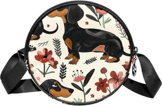 Generic Petit sac &agrave; bandouli&egrave;re circulaire pour femme, motif teckel avec fermeture &eacute;clair, bretelles r&eacute;glables, sac &agrave; main rond d&eacute;contract&eacute; pour femmes et fil