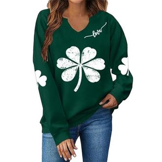 Generic Sweat-shirt de la Saint-Patrick pour femme - Imprim&eacute; tr&egrave;fle irlandais - Fantaisie - Grande taille - Haut &agrave; manches longues - Col en V - Tr&egrave;fle irlanda