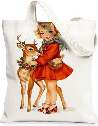 Generic Sacs fourre-tout en toile de cerf vintage de No&euml;l, illustration de vacances r&eacute;tro, sacs &agrave; provisions r&eacute;utilisables, l&eacute;gers et lavables &agrave; l&eacute;paule S, Bl