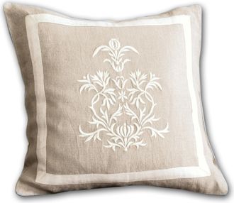 Loberon Kissenh&uuml;lle Many, wertvolle Ornament-Stickerei, aufgesteppte Kontrastblende, Elegante Optik, Kissenbezug, Wohn-Accessoire, Wohntextilien, Leinen, beig