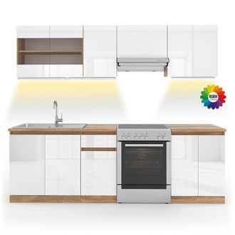 Vicco K&uuml;chenzeile Raul, K&uuml;chenblock, Wei&szlig;, 240 cm, AP Sonoma mit LED-Leisten