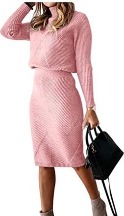 Minetom Robe en Tricot Femme 2 Pièces Ensembles Uni Manches Longues Pullover Haut et Jupe Tricoté Pull à Col Roulé Robe Tricotée A Rose XS