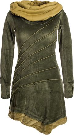 vishes Alternative Bekleidung - Asymmetrisches Patchwork Samtkleid Langarm Gro&szlig;er Schalkragen Olive 36-38