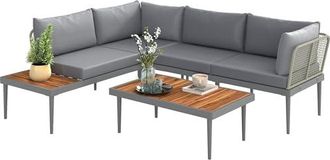 OUTSUNNY Salon de Jardin ext&eacute;rieur dangle 4 Places modulable en Bois dacacia et Acier avec canap&eacute;s et Table Basse, Plateau &agrave; Lattes et Coussins Inclus, mobilie