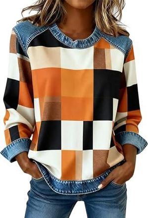 Generic Sweat-shirt pour femme - Printemps 2026 - En denim - Patchwork - Imprim&eacute; &agrave; carreaux - D&eacute;contract&eacute; - Manches longues, Z01-Orange, XXL