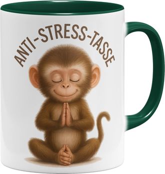 OM3 &Auml;ffchen Anti-Stress KAffe-Tasse mit Spruch - lustige Keramiktasse Namaste-Motiv - Meditation Affe - Keramik Becher - 325ml - Beidseitig Bedruckt - Gr&uuml;