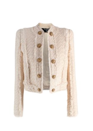 Balmain Cream Woven Open Front Jacket with Gold Button Detail Size XS