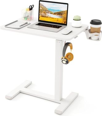 Costway Costway - Table de Lit pour Ordinateur Portable, Table Roulante pour Lit, Bureau Pneumatique Réglable en Continu 65,5-100 cm, Porte-Gobelet, Crochet