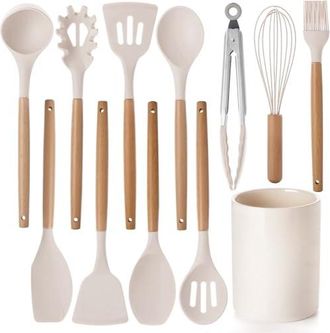Generic Lot de 12 ustensiles de cuisine en silicone avec poign&eacute;e en bois, r&eacute;sistants &agrave; la chaleur, antiadh&eacute;sifs, pinces, spatules et cuill&egrave;res avec seau de ra