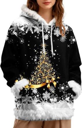 Generic Pull de Noël pour femme, grande taille, imprimé arbre de Noël pailleté, sweatshirts à capuche pour lhiver, hauts de Noël pelucheux à manches longues, 