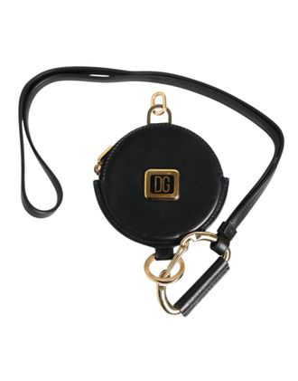 Dolce & Gabbana Mens Black Round Leather Dg Logo Coin Purse Lanyard Wallet Calf