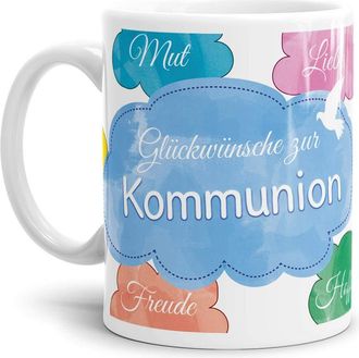 Tassendruck Geschenk-Tasse zur Kommunion Glückwünsche Wolke - Erwachsen/Kind/Feier/Weiss