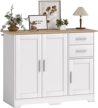 HOMCOM Buffet salon, meuble de rangement avec 2 tiroirs, 3 portes et &eacute;tag&egrave;re r&eacute;glable, 100 x 40 x 78 cm, blanc et bois naturel-Blanc