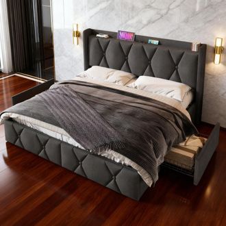 Generic Innovatives Polsterbett mit USB-Ladestation - 140x200 cm in Grau mit 4 Schubladen & Holzlattenrost - Moderner Komfort inkl. Matratze