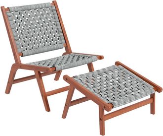 OUTSUNNY Fauteuil relax en bois dacacia et r&eacute;sine tress&eacute;e grise - Repose-pied inclus - Assise inclin&eacute;e 35cm - Charge max 160kg