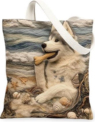 Generic Sac fourre-tout amusant en toile motif chien malamutes de lAlaska 33 x 38 cm, sac &agrave; bandouli&egrave;re r&eacute;utilisable pour femme, peinture danimaux domestiques
