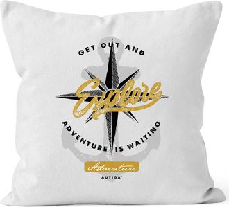 Autiga Kissenbezug Anker Windrose Go Out and Explore Adventure Abenteuer Kissen-Hülle Deko-Kissen Baumwolle quadratisch weiß Unisize