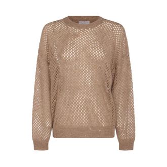 Brunello Cucinelli Femme, Pulls, Brun, Taille: 44 FR Pull Beige Clair à Paillettes