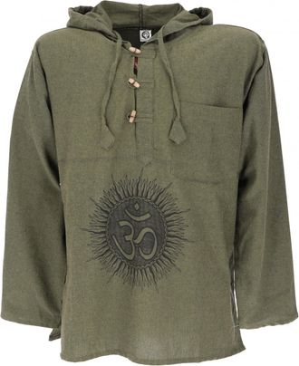 Guru Shop Yoga Hemd, Goa Hemd Om, Sweatshirt - Olive/schwarz, Herren, Baumwolle, Size:L