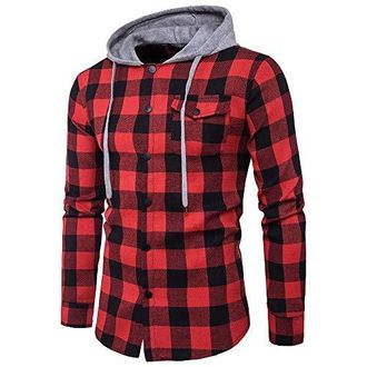 Generic Chemise &agrave; manches longues &agrave; carreaux pour hommes : sweat-shirt avec cordon de serrage chemise sup&eacute;rieure avec boutons-pression chemise de sport &agrave; capu