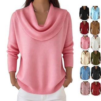 Generic Pull doux et &eacute;l&eacute;gant &agrave; col volant&eacute; de couleur unie pour femme, pull &agrave; manches longues et col b&eacute;nitier, rose, 3XL