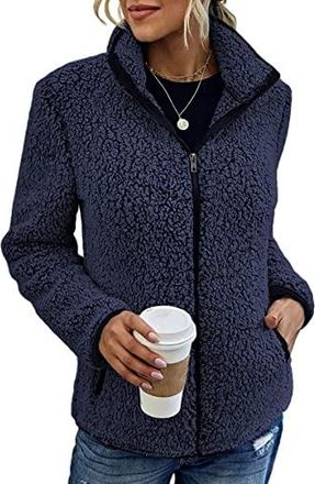 TOMWELL Veste Polaire Femme Fille Chaude Sweats Manteau Zippé Blousons Coat Manche Longue Cardigan Casual Couleur Unie Mode Hiver Outerwear A Bleu Foncé S