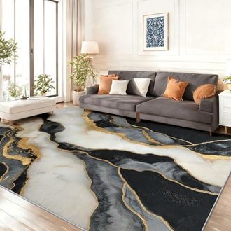 Generic Noir Tapis pour Salon 140 x 200 cm, Lavables avec Dos Antid&eacute;rapant, Tapis &agrave; Poils Courts Imprim&eacute; Abstrait Tendance Luxueux Marbre pour Cuisine Salle &agrave;