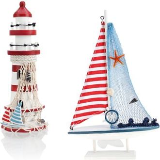 Com-Four Ensemble de décoration Maritime 2 pièces - Voilier et Phare décoratifs en Bois pour Une Ambiance Maritime dans Votre Maison (02 pièces - Voilier + Pha