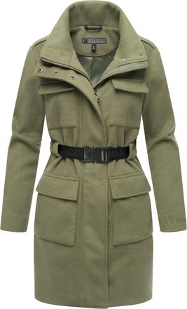 Marikoo Damen lange &Uuml;bergangsjacke Kurzmantel in Woll-Optik mit Tailleng&uuml;rtel Tanokoo 16 Olive Leaf Gr. XL