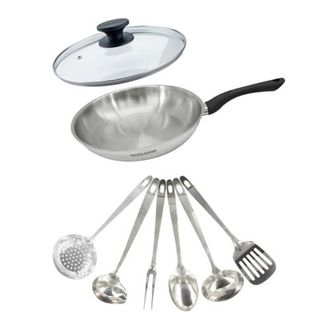 Fackelmann 9445550 Set po&ecirc;le 28 cm en inox 18/8, Couvercle verre et 6 ustensiles inox, Po&ecirc;le de cuisson, Po&ecirc;le tous feux, Po&ecirc;le induction, Po&ecirc;le sans PFAS, Acier