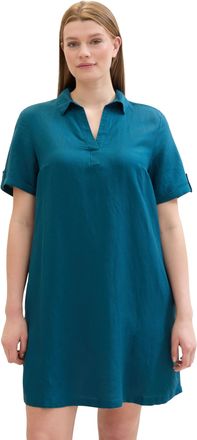 Tom Tailor Damen Plussize Leinenkleid mit Polo Kragen, Moss Blue, 48