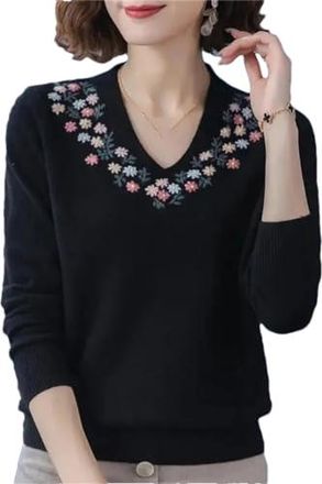 Generic Printemps &eacute;t&eacute; Femmes Col V Manches Longues Broderie Tricot Pull Pull Couleur Unie, Noir, 6X-Large