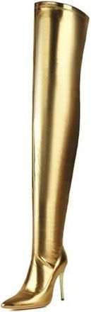 Generic Bottes déquitation tendance à bout pointu pour femme - Extensible - Fermeture éclair latérale, doré, 39.5 EU