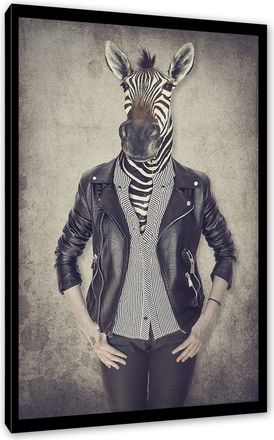 Pixxprint Zebrakopf Menschenk&ouml;rper mit Lederjacke, Gr&ouml;&szlig;e: 60x40cm, Leinwandbild, fertig gespannt, Wandbild, Dekoration, Kunstdruck, kein Poster