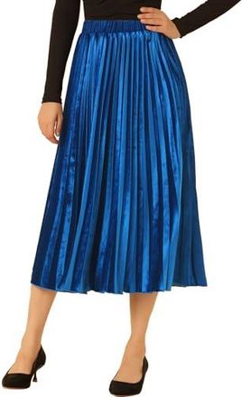 Allegra K Jupe plissée en Velours à Taille Haute élastique mi-Longue pour Femme Bleu Royal XL