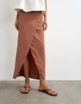 Topshop Jupe portefeuille longue &agrave; rayures - Rouille-Rouge