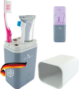 Schwaiger 662047 UV-Sterilisator Zahnbürstenhalter Zahnputzbecher Zahnbürsten-Reiseetui UVC-Licht Zahnbürstentrockner Desinfektion Miniventilator grau/weiß