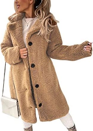 Onsoyours Veste en Peluche pour Femme Long Patte de Boutonnage Revers Manteau Polaire Trench Élégante Manteau Parka Outwear avec Poches Automne Hiver A Kaki XXL