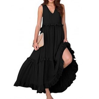 Generic Robe d&eacute;t&eacute; pour femme - Col sans manches - Avec plis en couches - Jupe longue ample et fluide - Plage &eacute;l&eacute;gante et d&eacute;contract&eacute;e, Noir, XXL