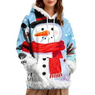 Generic Sweat à capuche de Noël avec col en peluche pour femme - Col moelleux - Élégant chemisier à manches longues - Haut imprimé mignon - Confortable - Pull