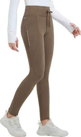 Baleaf Thermo Leggings Damen Fleece gef&uuml;tterte Hose Taille Wasserdicht Thermal Winter Kn&ouml;chel Zip Ski Wandern Hose mit Tasche Braun XL